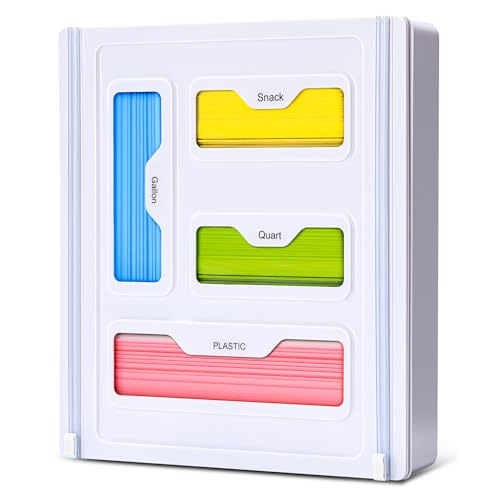 CiWiVOKi Expandable Storage Bag Organizer for Kitchen Drawer, 6 in 1 Foil and Plastic Wrap Dispenser with Cutter, Plastic Organization and Storage for Sandwich Gallon Quart Snack Bags, 3.2"High, White