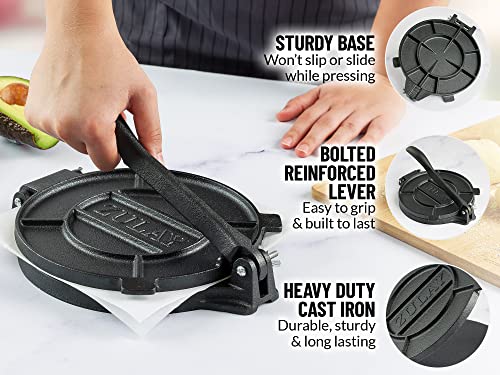 Zulay Cast Iron Tortilla Press 8 Inch - Pre Seasoned with 100 Pieces Parchment Paper - Heavy Duty Roti Maker and Flour Tortilla Press for Quesadilla, Naan, Chapati, Samosa, Poori, Saj Bread, Lahmacun