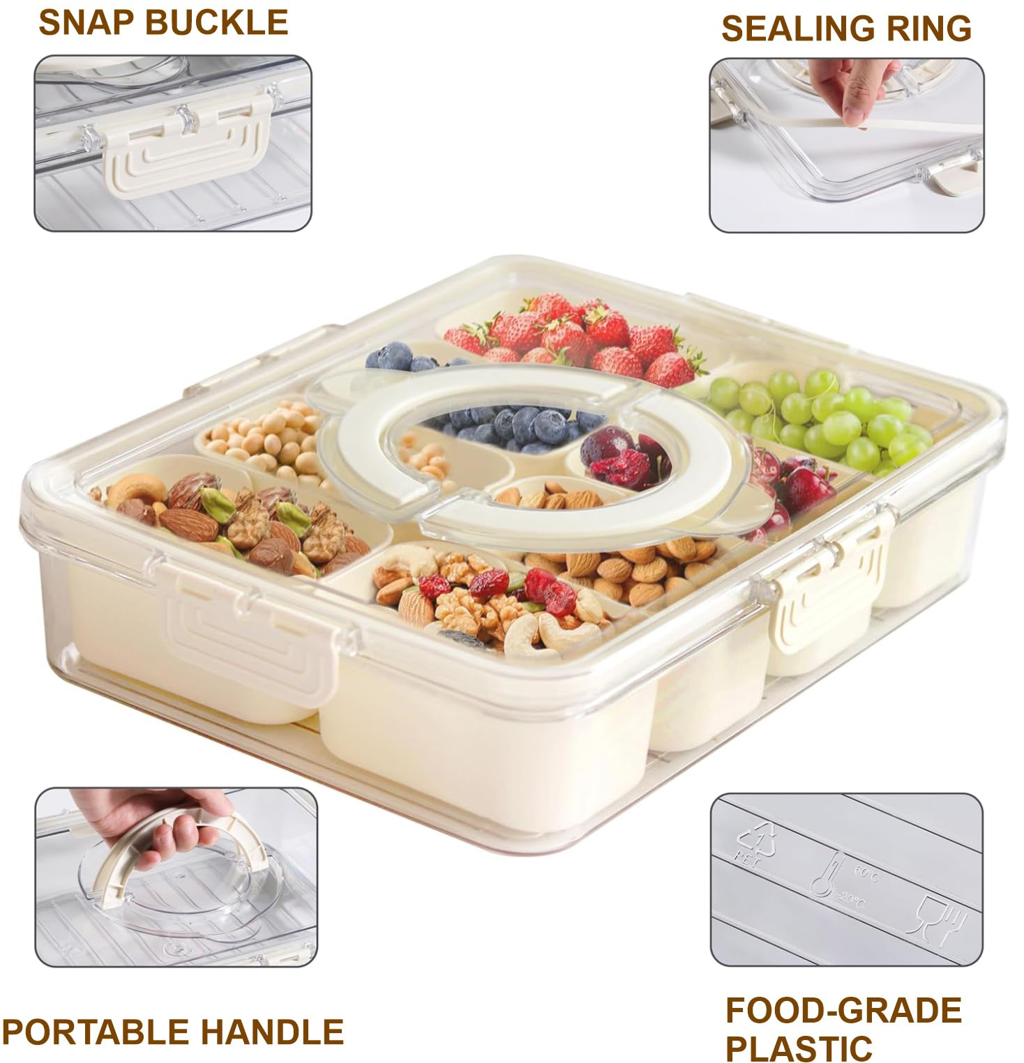 Divided Serving Tray with Lid and Handle - 8 Compartment Portable Snackle Box Charcuterie Container - Clear Snack Organizer for Fruits, Candy, Nuts, Snacks - Ideal for Parties, Travel & Picnics