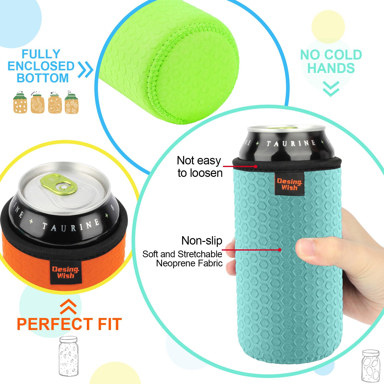 Desing Wish 4 Pack 16oz Can Cooler Sleeves Honeycomb Embossing Insulated Neoprene Soda Cans Sleeves Holders Non-slip Can Insulator Sleeves - Orange/Green/Cyan/Grey