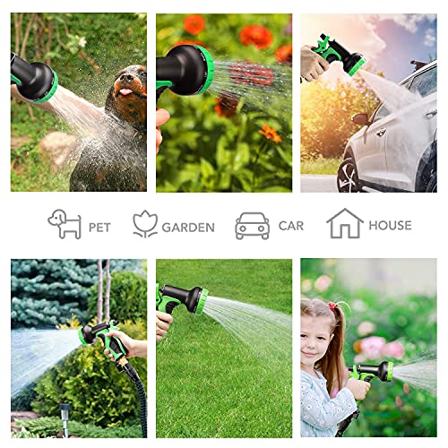 WOHOUS Expandable Garden Hose 100ft - 9 Function Spray Nozzle and 4-Layer Latex Core with 3/4" Solid Brass Fittings, Anti-Leakage Retractable Garden Hose (100 FT- Green)