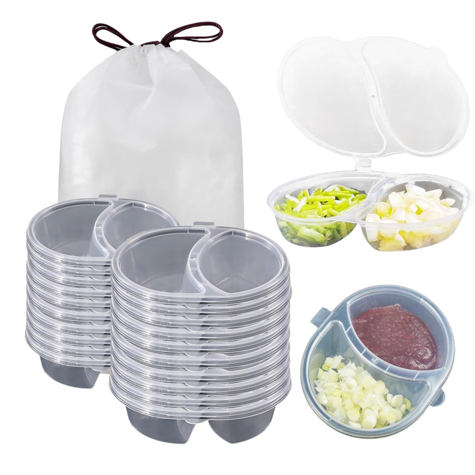 YEEZUNPU 20Pcs Double Compartment Condiment Container, Portable Reusable Sauce Container, Dual Compartment Containerfor for Condiment, Dip, Sauce, Sampling and Travel Snacks