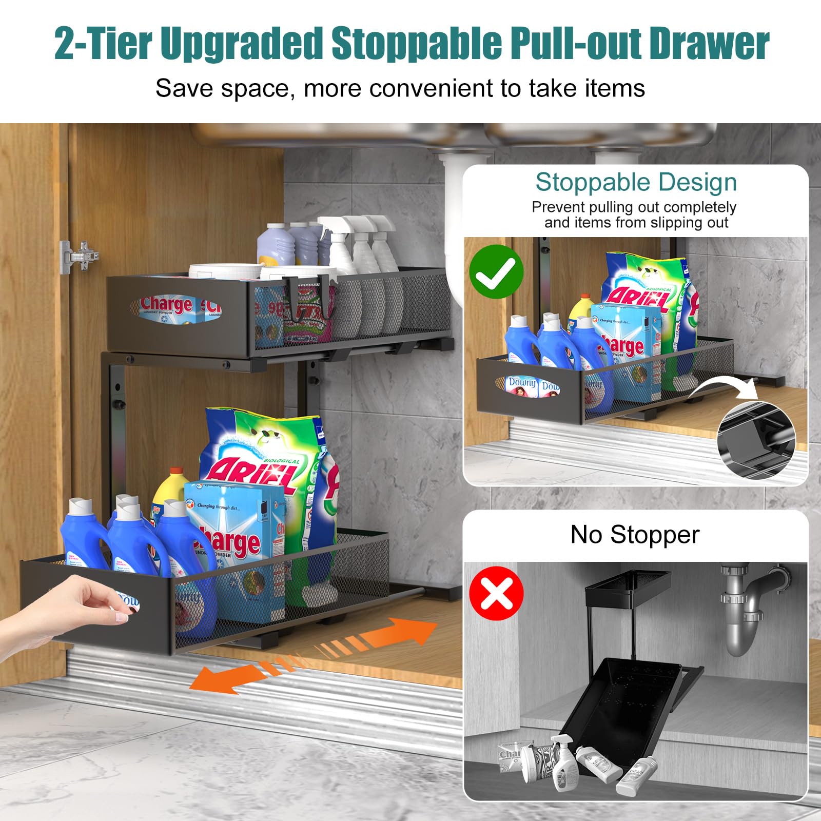 Housolution 2 Pack Under Sink Organizer, 2 Tier Metal Pull Out Under Sink Storage with Sliding Mesh Drawers, Height Adjustable Slide Out Under Sink Organizer for Kitchen Bathroom Cabinet, Black