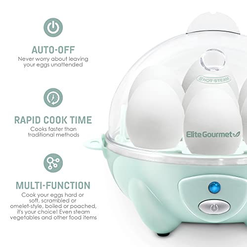 Elite Gourmet EGC700M# Rapid Egg Cooker, 7 Easy-To-Peel, Hard, Medium, Soft Boiled Eggs, Poacher, Omelet Maker, Auto Shut-Off, Alarm, 16-Recipe Booklet, Seafoam