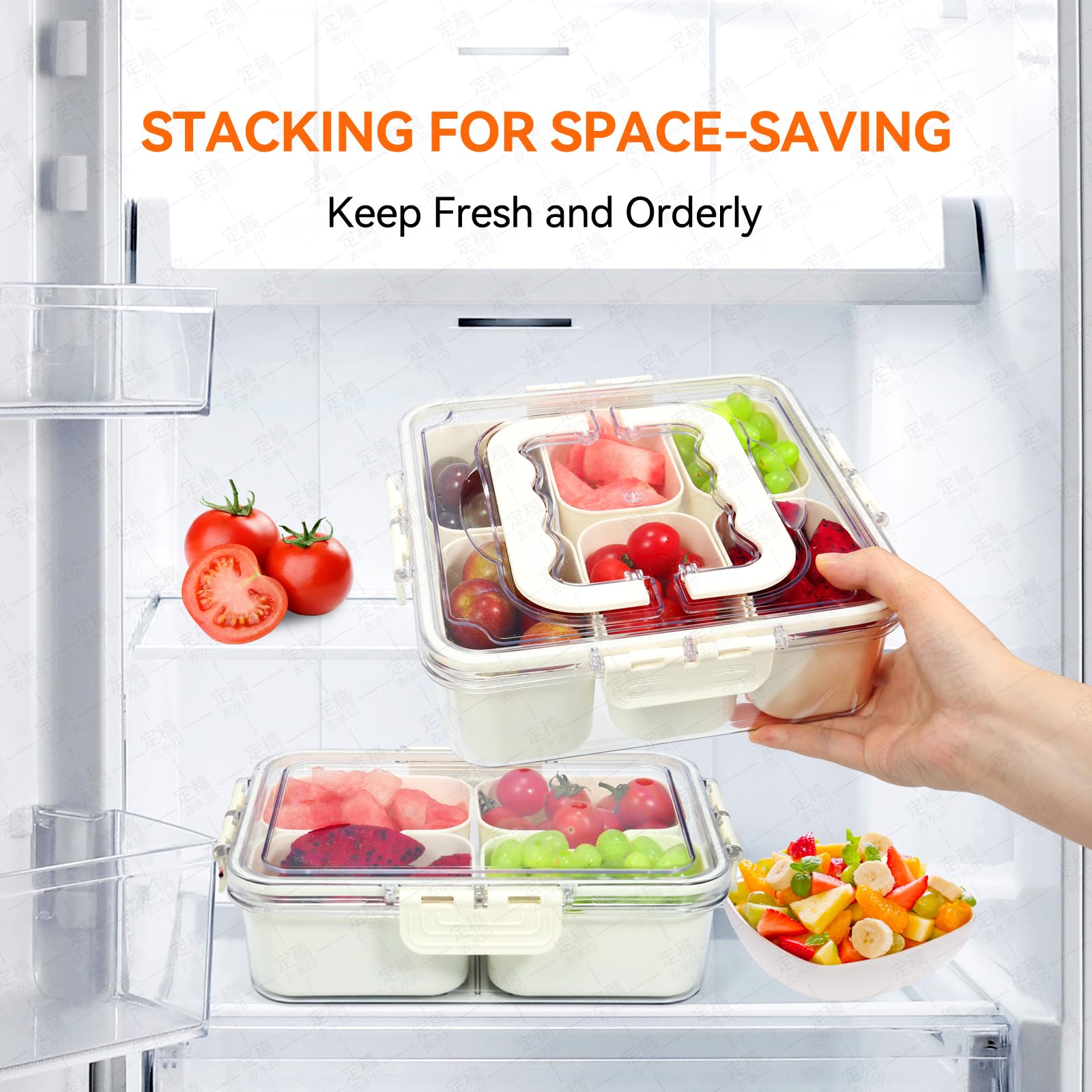 Portable Snack Containers for Kids, Lunchable Containers for Kids Adults,Reusable Snack Box Travel Veggie Tray with Lid, Divided Serving Tray with Handle for Travel Movie Night (6 compartment)