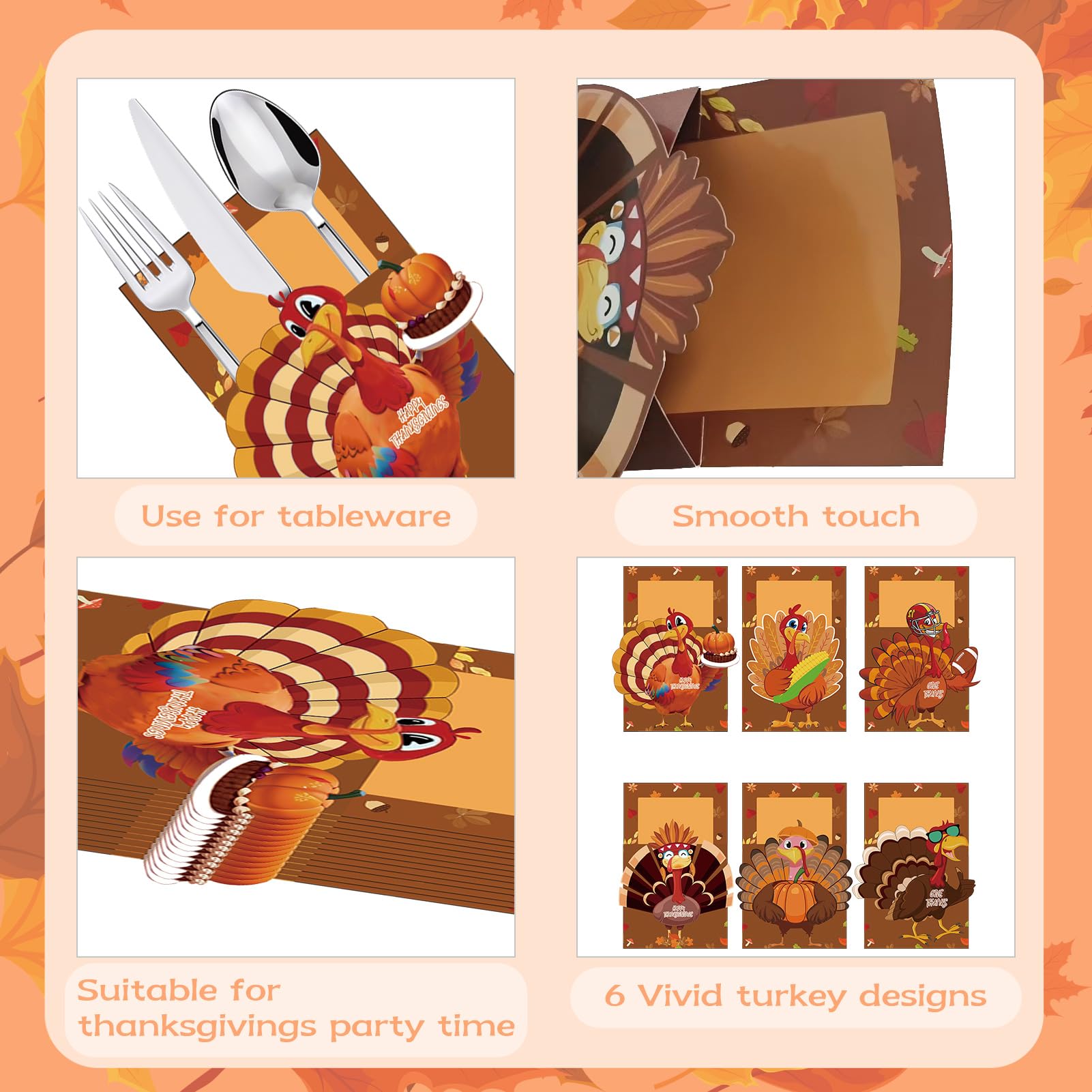 DADAPALS 30PCS Thanksgiving Table Decor Cutlery Holder Set - 6 Turkey Decorations Utensil Holder for Autumn Family Harvest Party Table Supplies