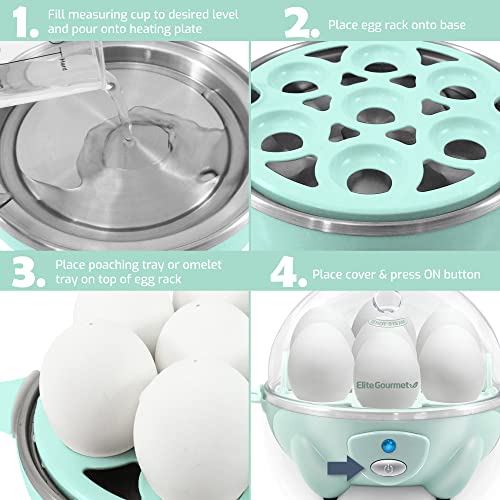 Elite Gourmet EGC700M# Rapid Egg Cooker, 7 Easy-To-Peel, Hard, Medium, Soft Boiled Eggs, Poacher, Omelet Maker, Auto Shut-Off, Alarm, 16-Recipe Booklet, Seafoam