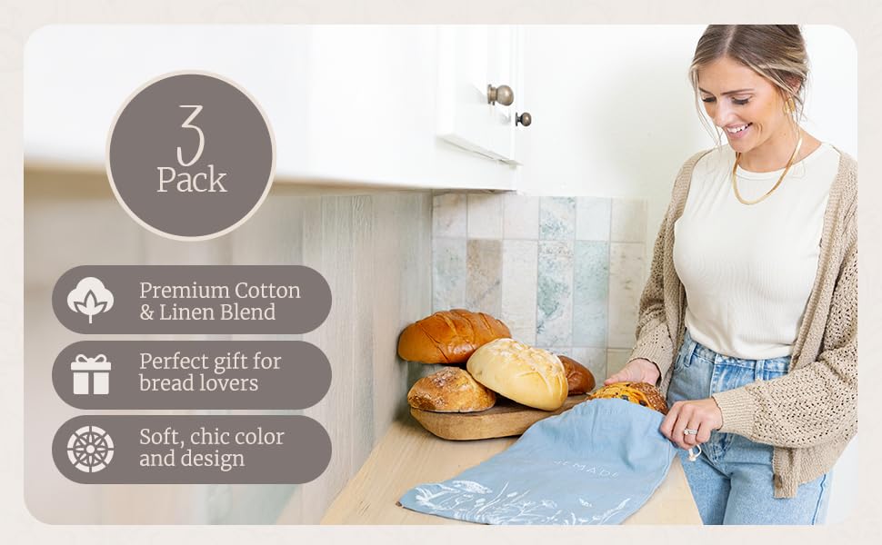 Reusable Linen Bread Bags - 3 Pack XL (16.5 x 12 in) for Homemade Bread Storage