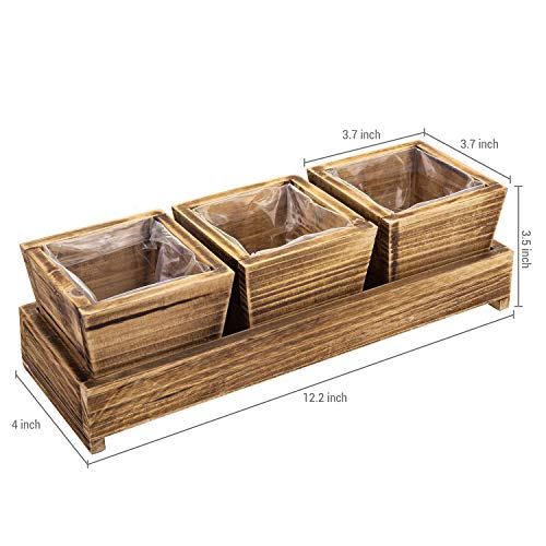 MyGift Countertop Herb Garden Container, Rustic Brown Wood Planter Box Succulent/Flower Pot Set with Decorative Bottom Tray and Plastic Liner