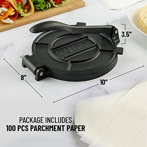 Zulay Cast Iron Tortilla Press 8 Inch - Pre Seasoned with 100 Pieces Parchment Paper - Heavy Duty Roti Maker and Flour Tortilla Press for Quesadilla, Naan, Chapati, Samosa, Poori, Saj Bread, Lahmacun