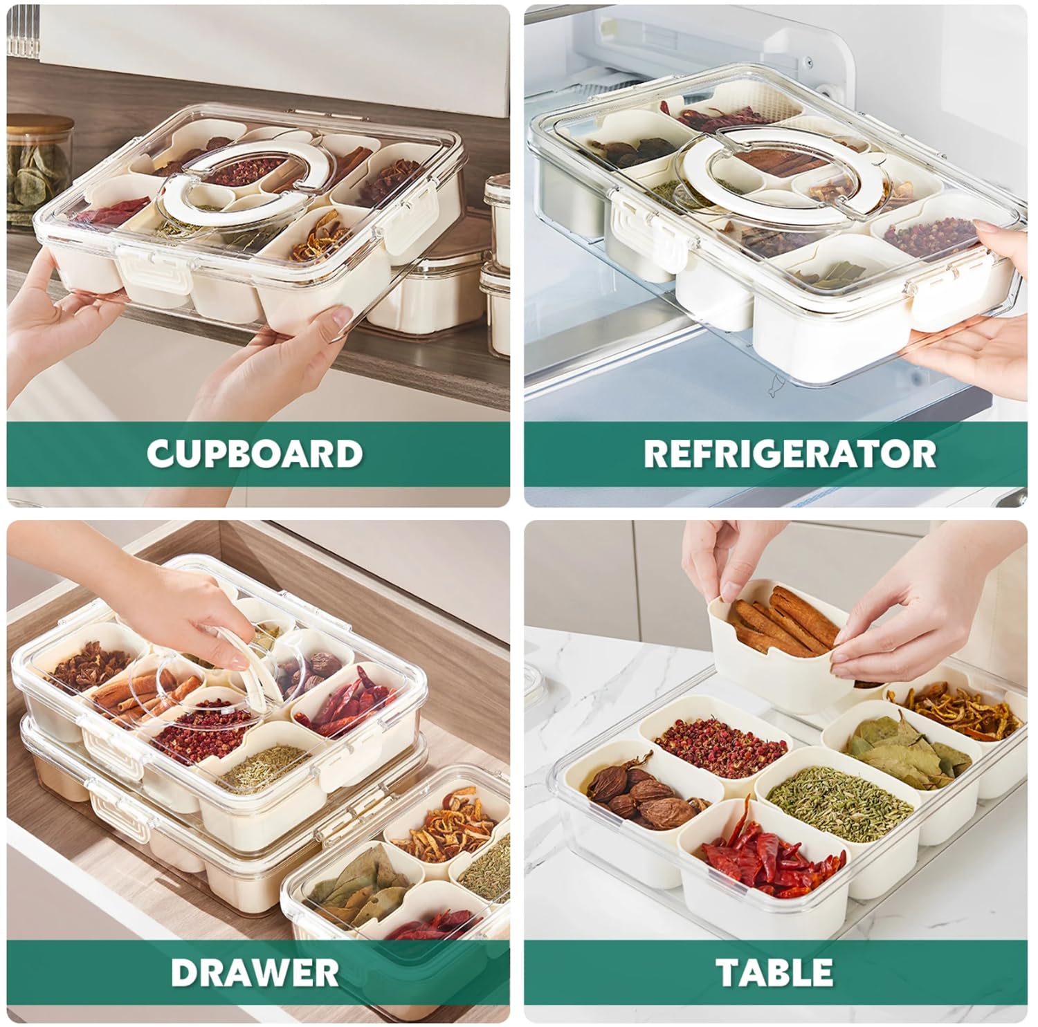 Divided Serving Tray with Lid and Handle - 8 Compartment Portable Snackle Box Charcuterie Container - Clear Snack Organizer for Fruits, Candy, Nuts, Snacks - Ideal for Parties, Travel & Picnics