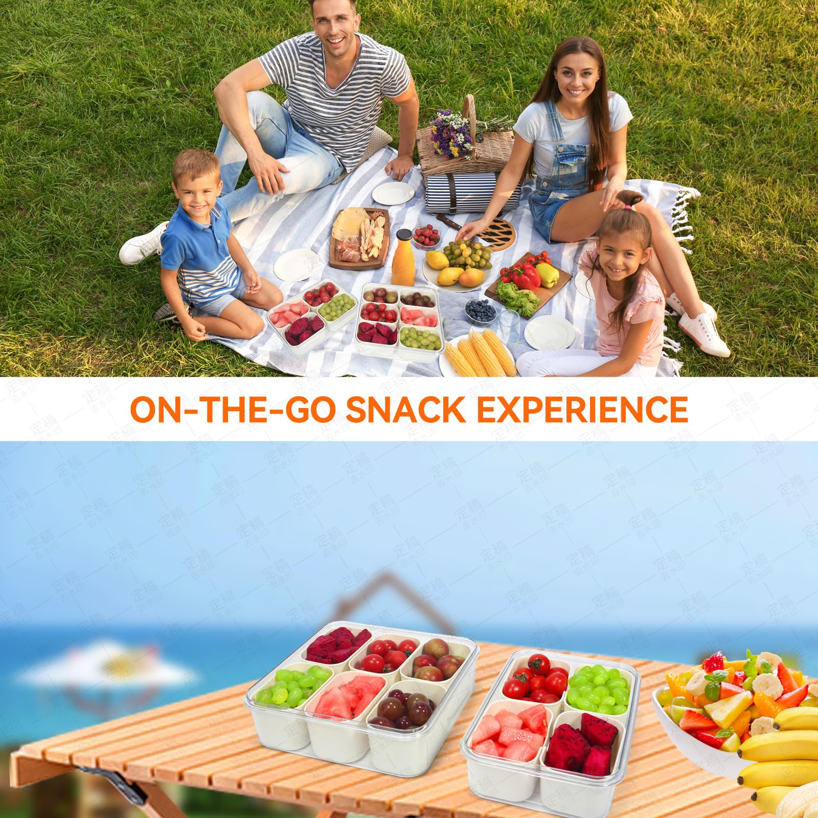 Portable Snack Containers for Kids, Lunchable Containers for Kids Adults,Reusable Snack Box Travel Veggie Tray with Lid, Divided Serving Tray with Handle for Travel Movie Night (6 compartment)