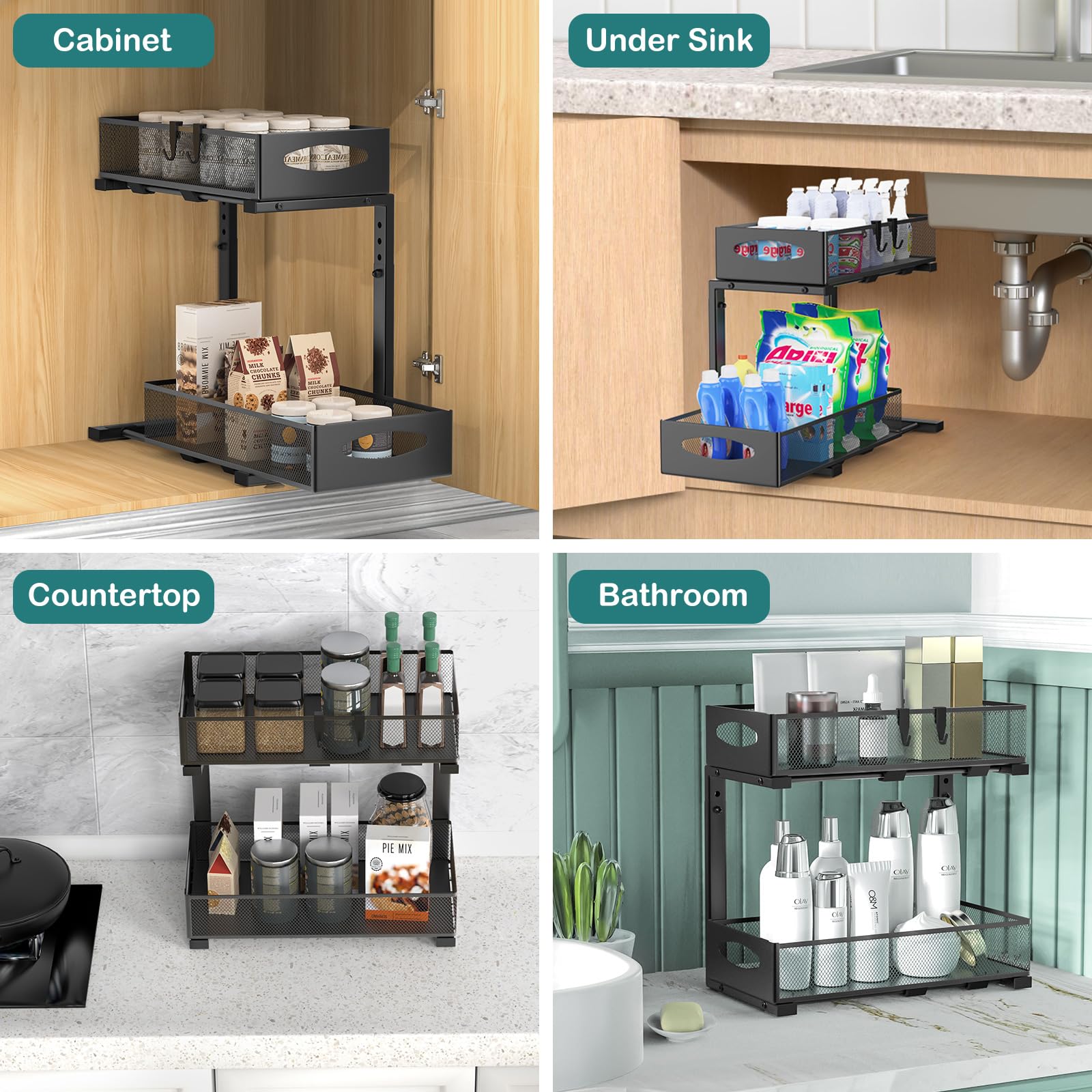 Housolution 2 Pack Under Sink Organizer, 2 Tier Metal Pull Out Under Sink Storage with Sliding Mesh Drawers, Height Adjustable Slide Out Under Sink Organizer for Kitchen Bathroom Cabinet, Black