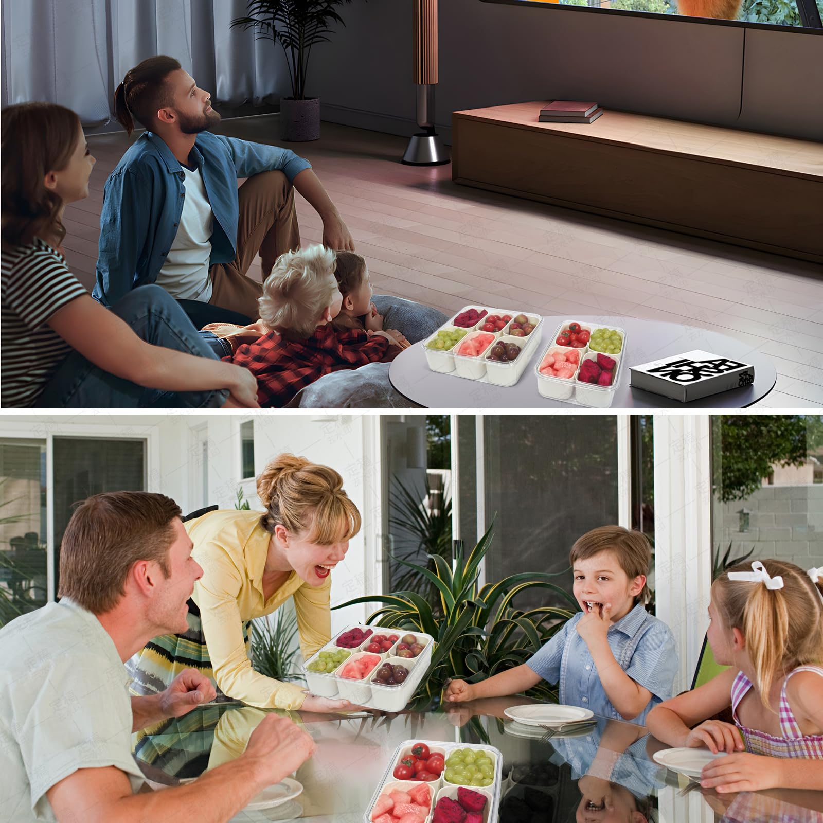 Portable Snack Containers for Kids, Lunchable Containers for Kids Adults,Reusable Snack Box Travel Veggie Tray with Lid, Divided Serving Tray with Handle for Travel Movie Night (6 compartment)