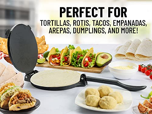 Zulay Cast Iron Tortilla Press 8 Inch - Pre Seasoned with 100 Pieces Parchment Paper - Heavy Duty Roti Maker and Flour Tortilla Press for Quesadilla, Naan, Chapati, Samosa, Poori, Saj Bread, Lahmacun