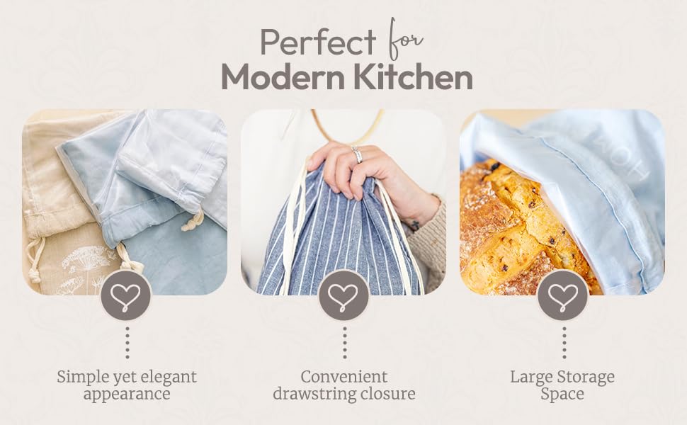 Reusable Linen Bread Bags - 3 Pack XL (16.5 x 12 in) for Homemade Bread Storage