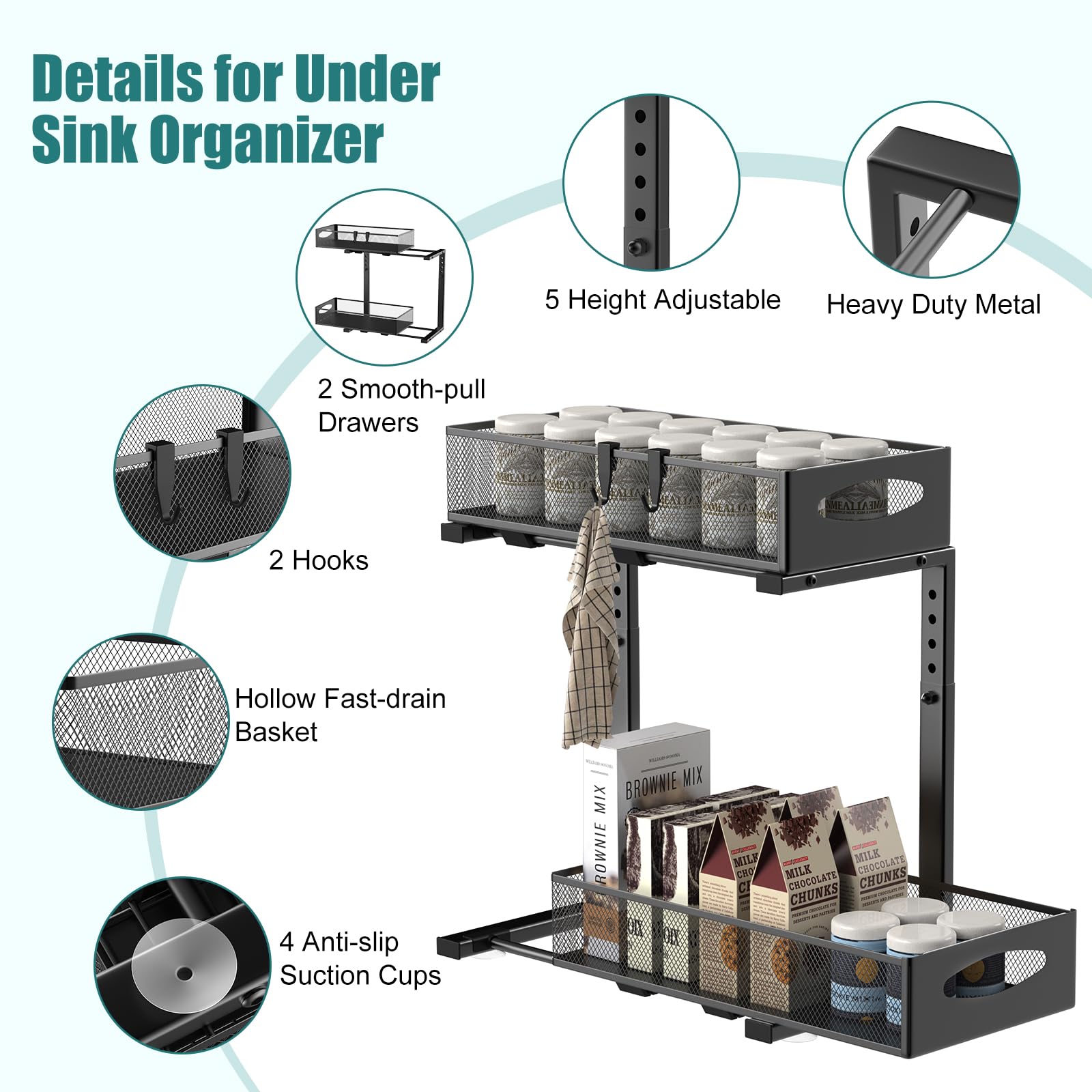 Housolution 2 Pack Under Sink Organizer, 2 Tier Metal Pull Out Under Sink Storage with Sliding Mesh Drawers, Height Adjustable Slide Out Under Sink Organizer for Kitchen Bathroom Cabinet, Black