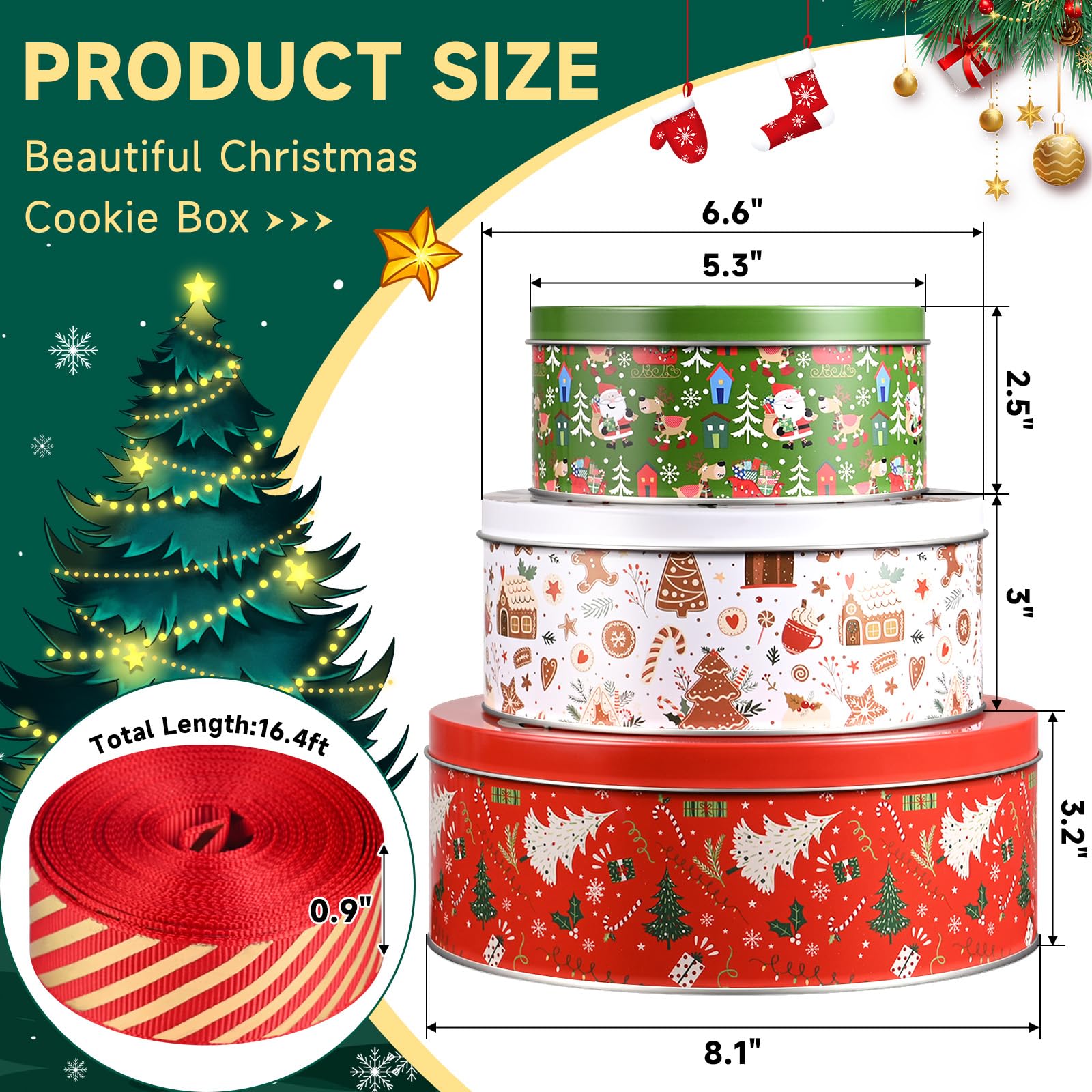 XEZEOS Christmas Storage Containers 3 Pack Christmas Cookie Tins with Lids Gingerbread Man Cookie Storage Containers Airtight Round Cookie Jars for Gift Giving Holiday Treats Baking Cake Container