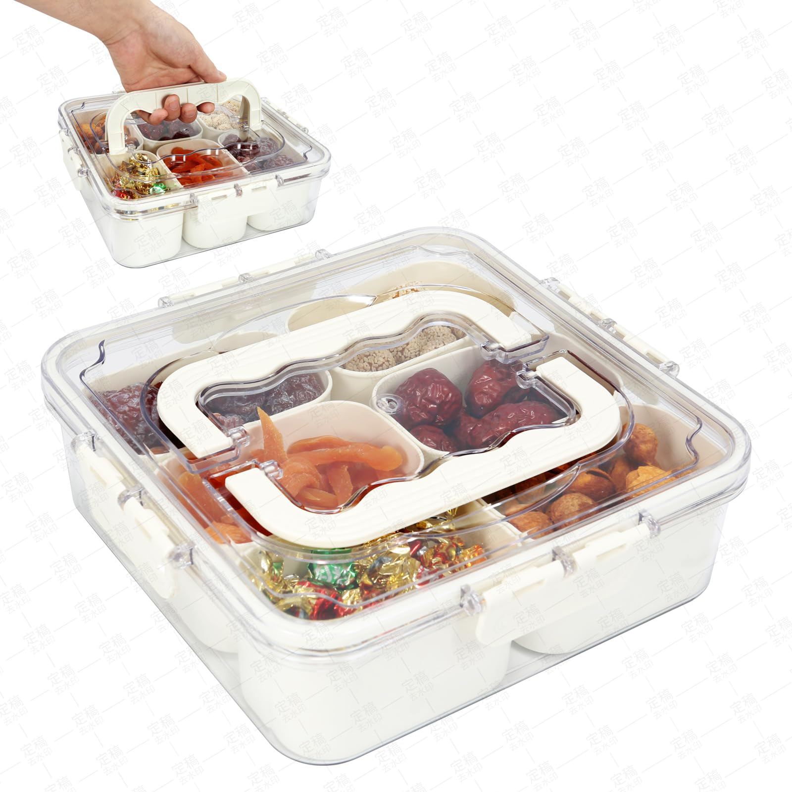 Portable Snack Containers for Kids, Lunchable Containers for Kids Adults,Reusable Snack Box Travel Veggie Tray with Lid, Divided Serving Tray with Handle for Travel Movie Night (6 compartment)