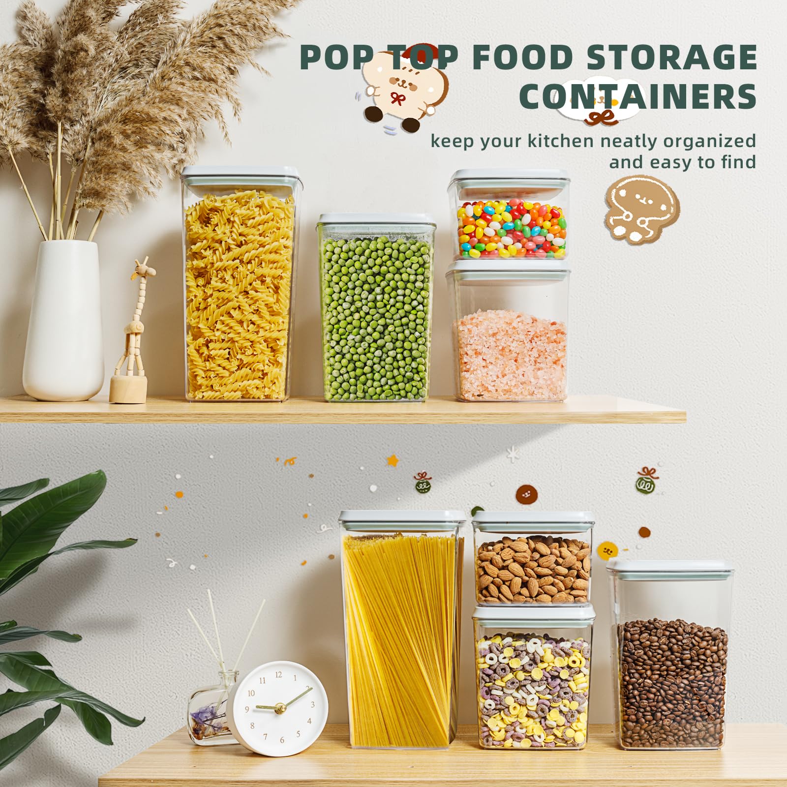 Tourdeus Pop Top Food Storage Containers - 8 Pack Kitchen Storage Containers, BPA-Free Pantry Containers with Lids Airtight, Food-Grade Air Tight Containers for Food with Measurement Marks
