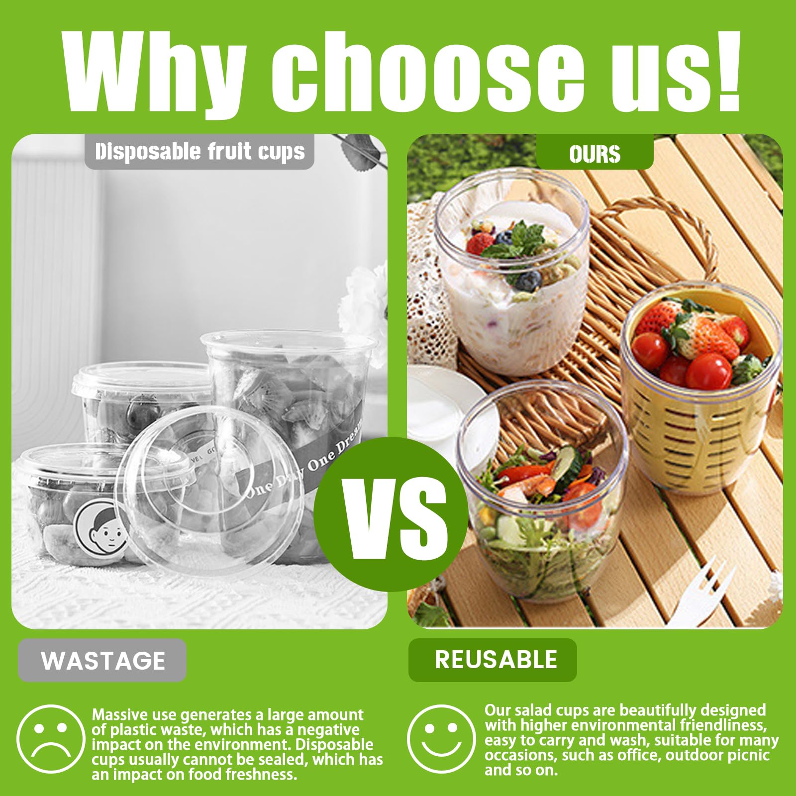 MdakeGo 20oz Fruit Salad Storage Cup with Lids and Fork, Reusable Plastic Fruit Storage Containers for fridge with Drain Baskets, BPA-Free & Leak-Proof, Keep Fruits, Vegetables Fresh Longer (Green)