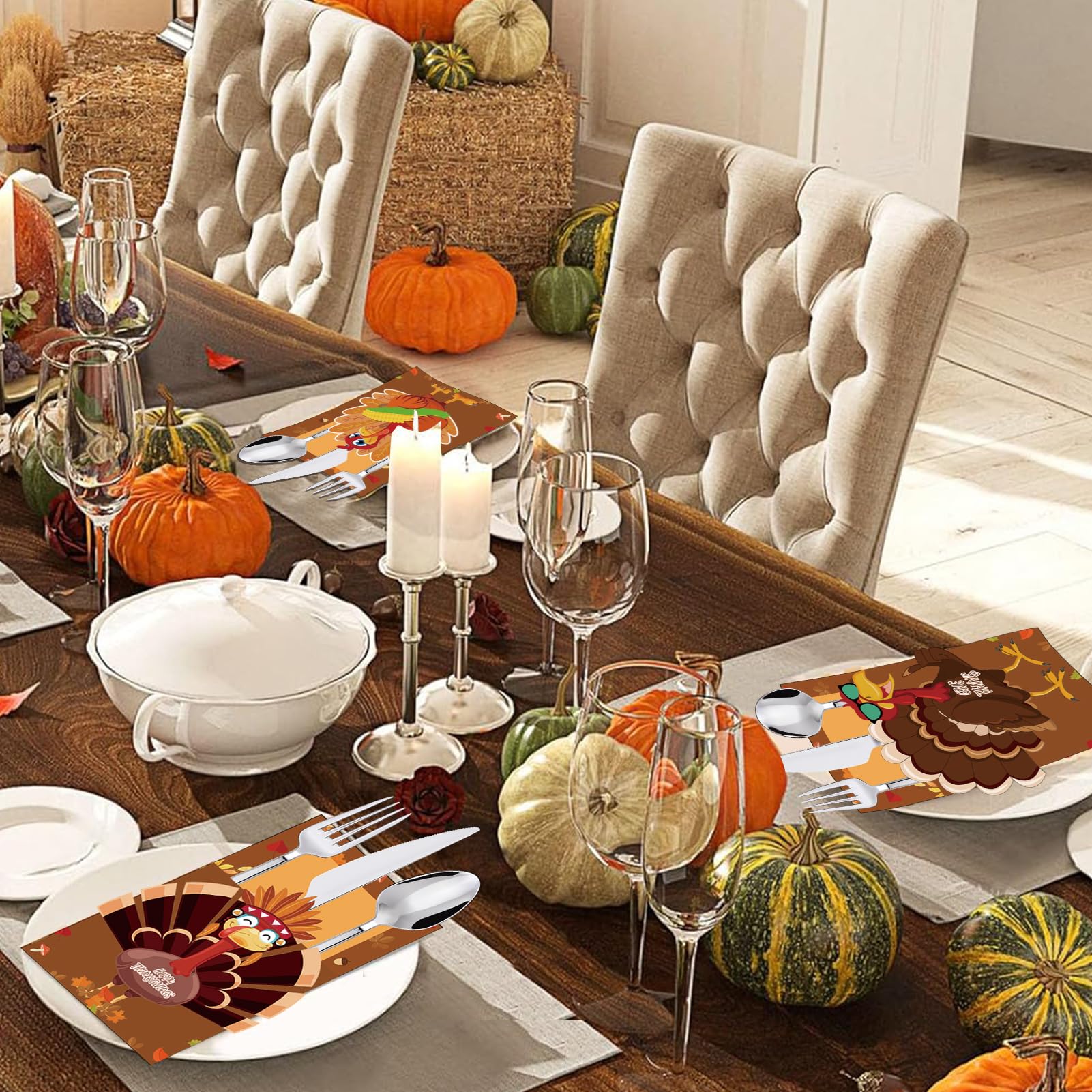 DADAPALS 30PCS Thanksgiving Table Decor Cutlery Holder Set - 6 Turkey Decorations Utensil Holder for Autumn Family Harvest Party Table Supplies
