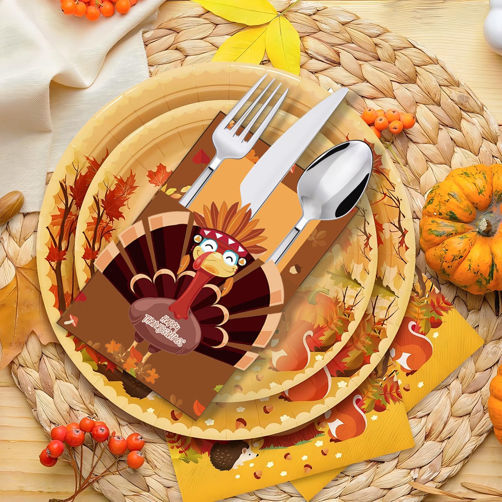 DADAPALS 30PCS Thanksgiving Table Decor Cutlery Holder Set - 6 Turkey Decorations Utensil Holder for Autumn Family Harvest Party Table Supplies