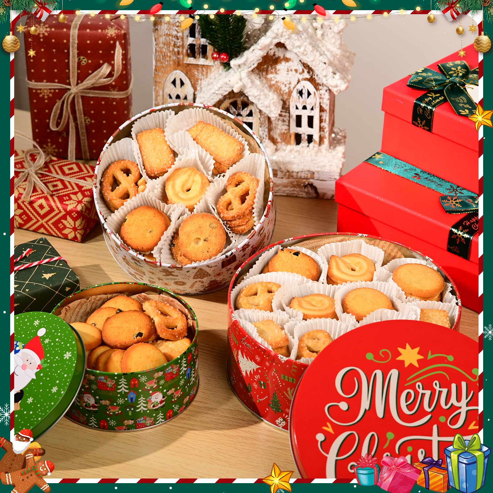 XEZEOS Christmas Storage Containers 3 Pack Christmas Cookie Tins with Lids Gingerbread Man Cookie Storage Containers Airtight Round Cookie Jars for Gift Giving Holiday Treats Baking Cake Container