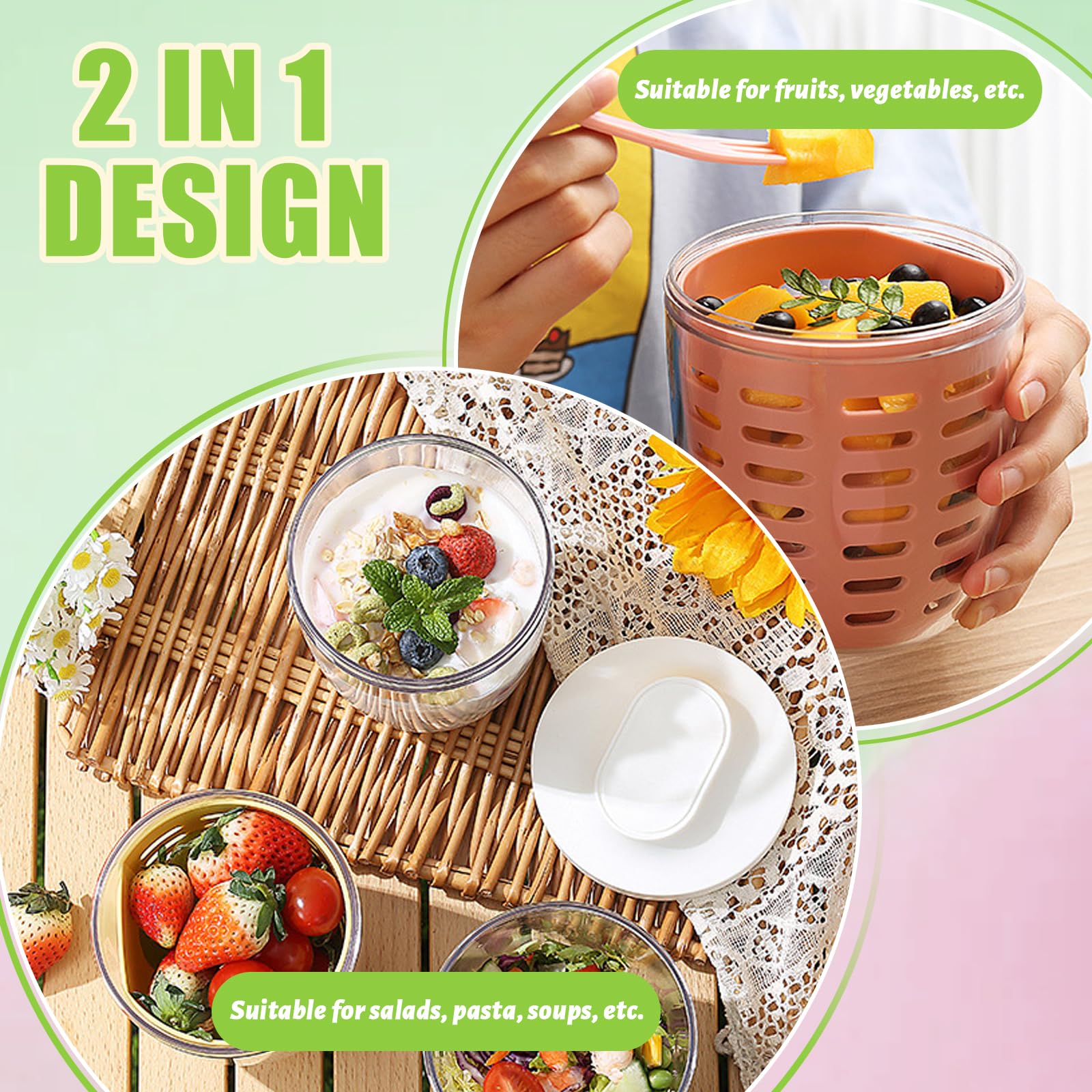 MdakeGo 20oz Fruit Salad Storage Cup with Lids and Fork, Reusable Plastic Fruit Storage Containers for fridge with Drain Baskets, BPA-Free & Leak-Proof, Keep Fruits, Vegetables Fresh Longer (Green)