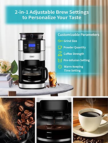 10-Cup Drip Coffee Maker, Grind and Brew Automatic Coffee Machine with Built-In Burr Coffee Grinder, Programmable Timer Mode and Keep Warm Plate, 1.5L Large Capacity Water Tank,900W, Black (Aluminum, 10 Cup)
