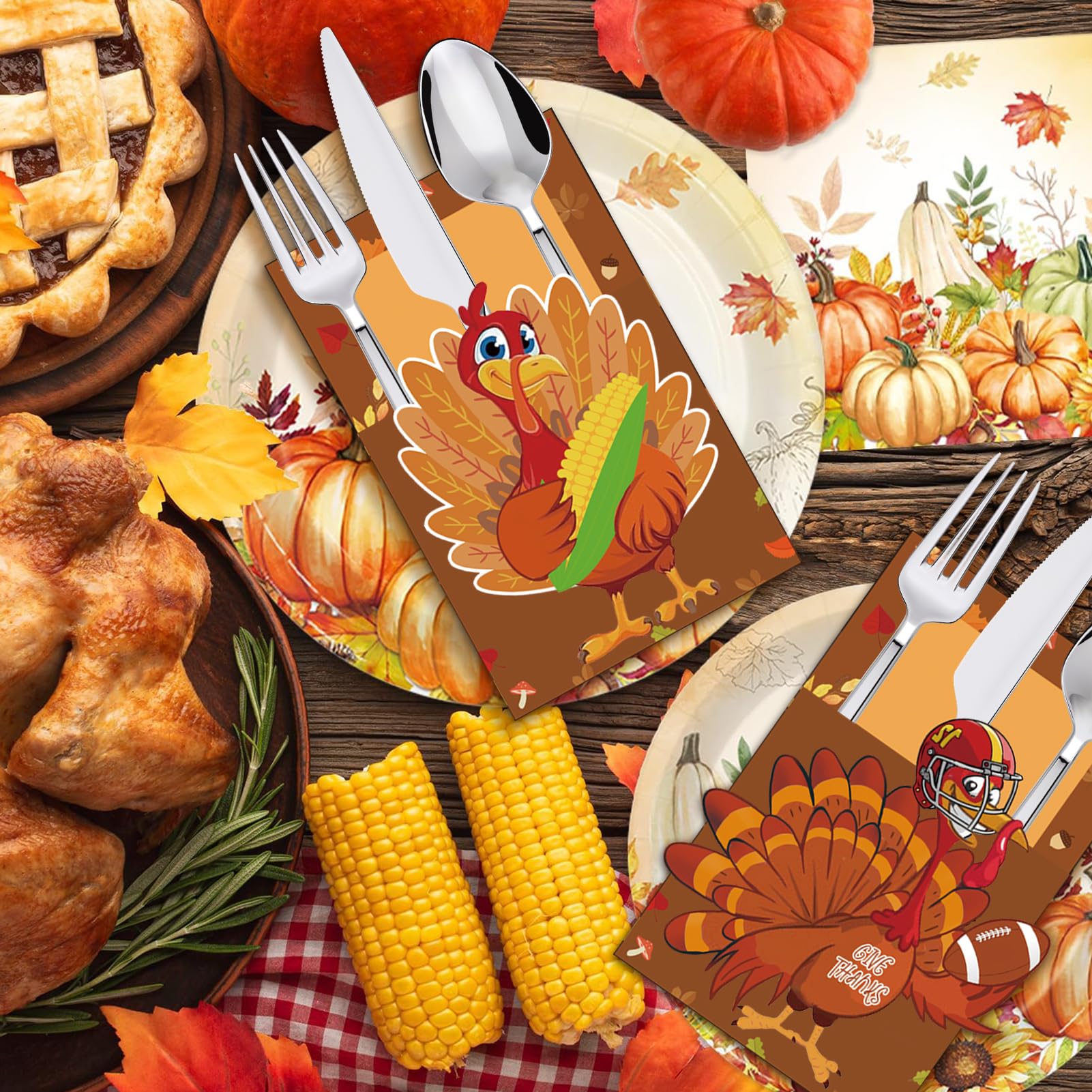 DADAPALS 30PCS Thanksgiving Table Decor Cutlery Holder Set - 6 Turkey Decorations Utensil Holder for Autumn Family Harvest Party Table Supplies