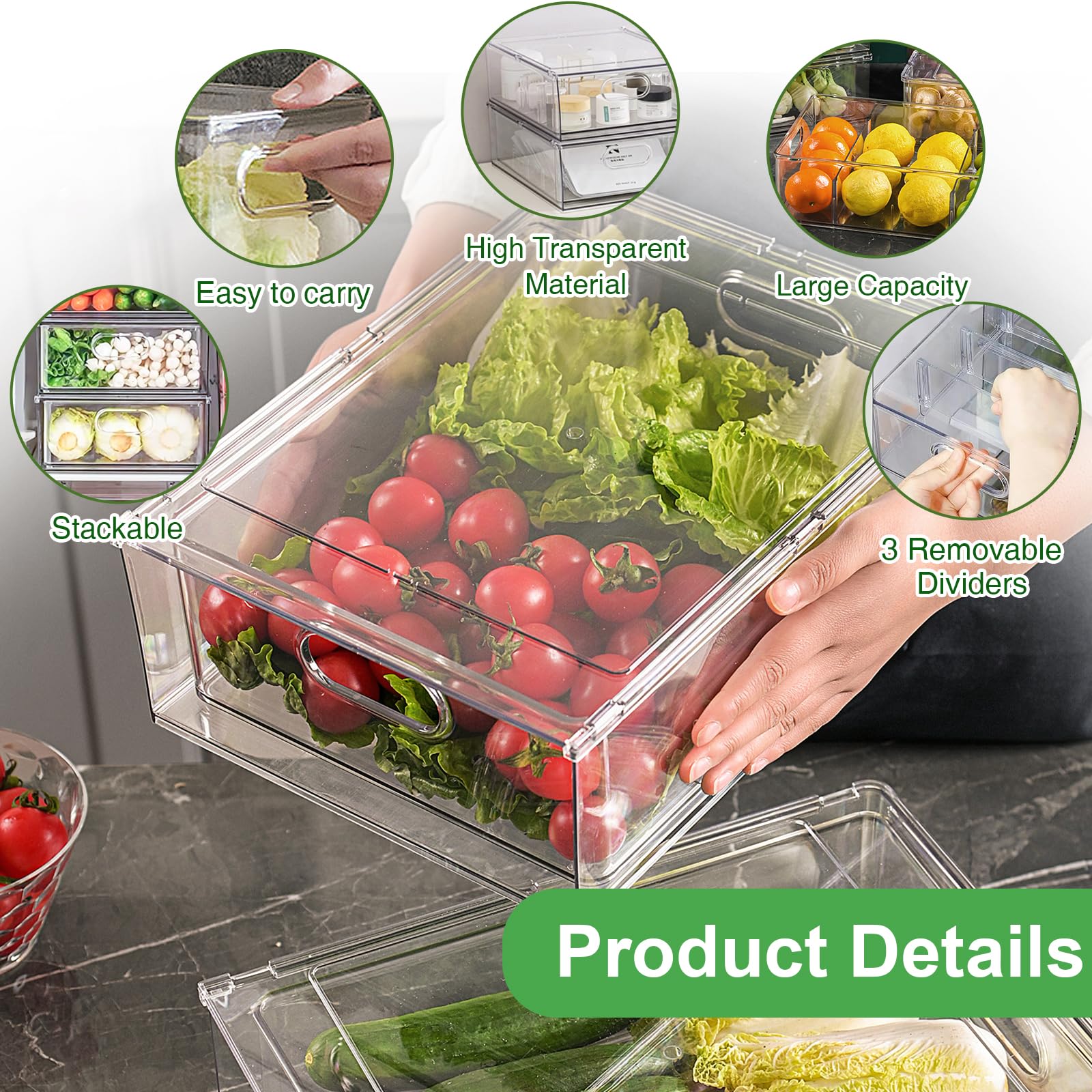 Decorelement Extra Large Refrigerator Organizer Bins with Pull-out Drawer, Stackable Clear Bins with 3 Dividers, Pantry Organization and Food Storage