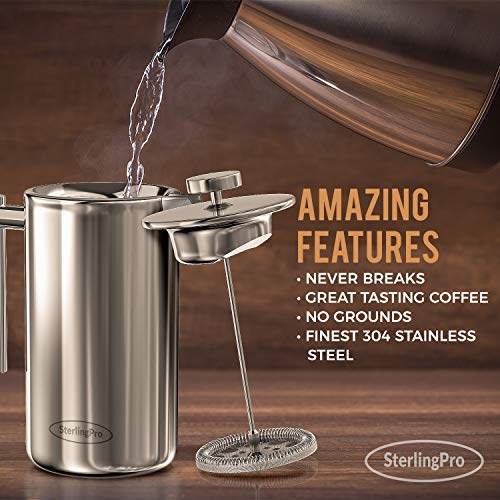 SterlingPro French Press Coffee Maker(1.75L)-Double Walled Large Coffee Press with 2 Free Filters-Enjoy Granule-Free Coffee Guaranteed, Stylish Rust Free Kitchen Accessory-Stainless Steel French Press
