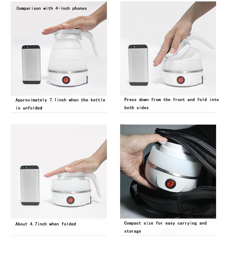 Travel Kettle Electric Small Foldable Portable Kettle,Silicone Collapsible Heating Water Boiler Tea Pot for Camping,Easy for Storage with Separable Power Cord (White)
