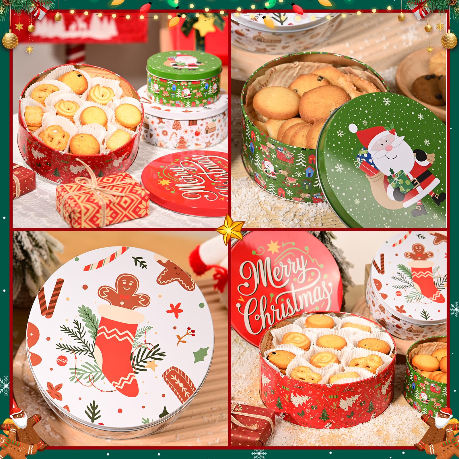 XEZEOS Christmas Storage Containers 3 Pack Christmas Cookie Tins with Lids Gingerbread Man Cookie Storage Containers Airtight Round Cookie Jars for Gift Giving Holiday Treats Baking Cake Container
