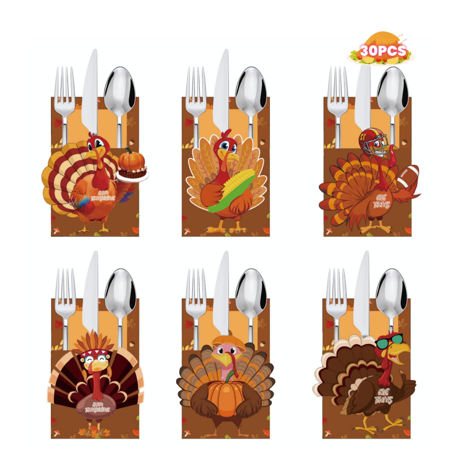 DADAPALS 30PCS Thanksgiving Table Decor Cutlery Holder Set - 6 Turkey Decorations Utensil Holder for Autumn Family Harvest Party Table Supplies
