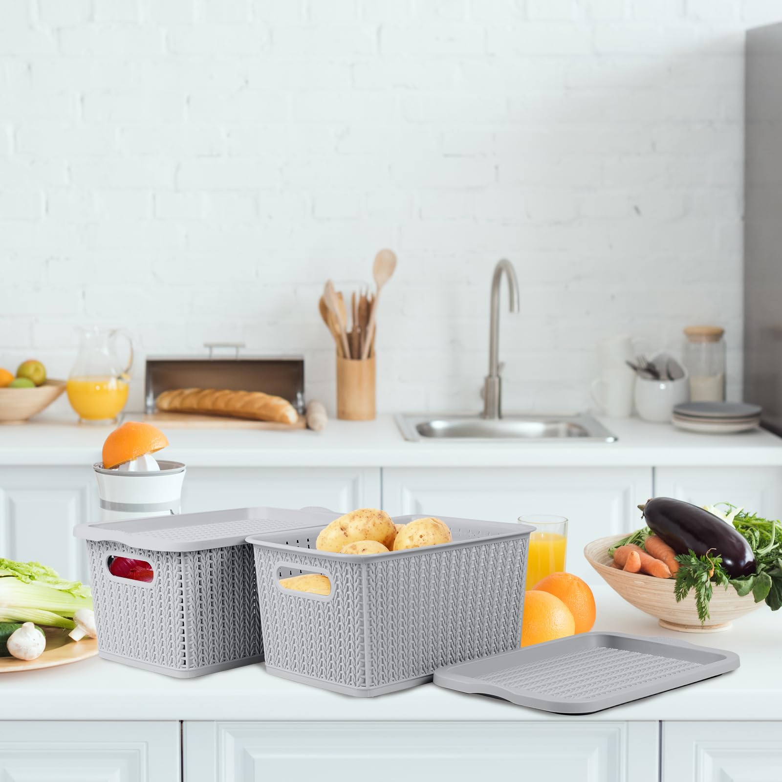 Onion and Potato Storage Baskets,Stackable Plastic Pantry Bins with Lids,Bpa-Free, Multifunctional Organizers for Kitchen, Countertop, and More Vegetable Storage Pantry Baskets Organization