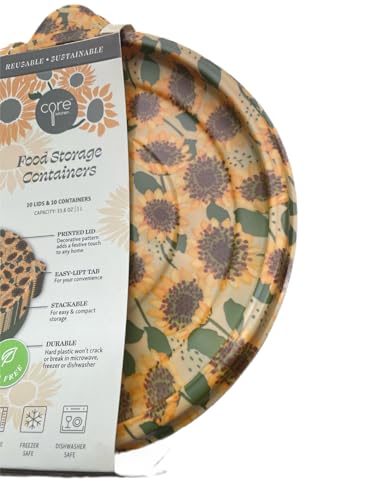 Core Kitchen 20 Piece Food Storage Container Set, 10 Lids and 10 Containers, Special Edition Printed Lids (SUNFLOWERS)