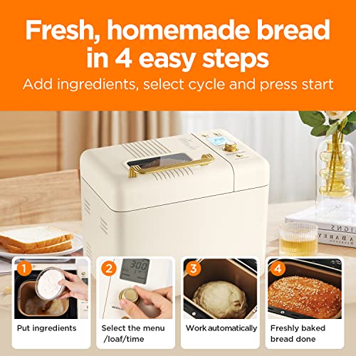 Neretva Bread Maker Machine, 15-in-1 2LB Automatic Breadmaker with Gluten Free Sourdough Setting, Auto Nut Dispenser, Digital, 1 Hour Keep Warm, 2 Loaf Sizes, 3 Crust Colors - Receipe Booked Included