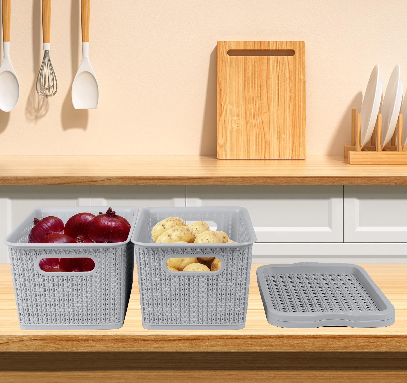Onion and Potato Storage Baskets,Stackable Plastic Pantry Bins with Lids,Bpa-Free, Multifunctional Organizers for Kitchen, Countertop, and More Vegetable Storage Pantry Baskets Organization