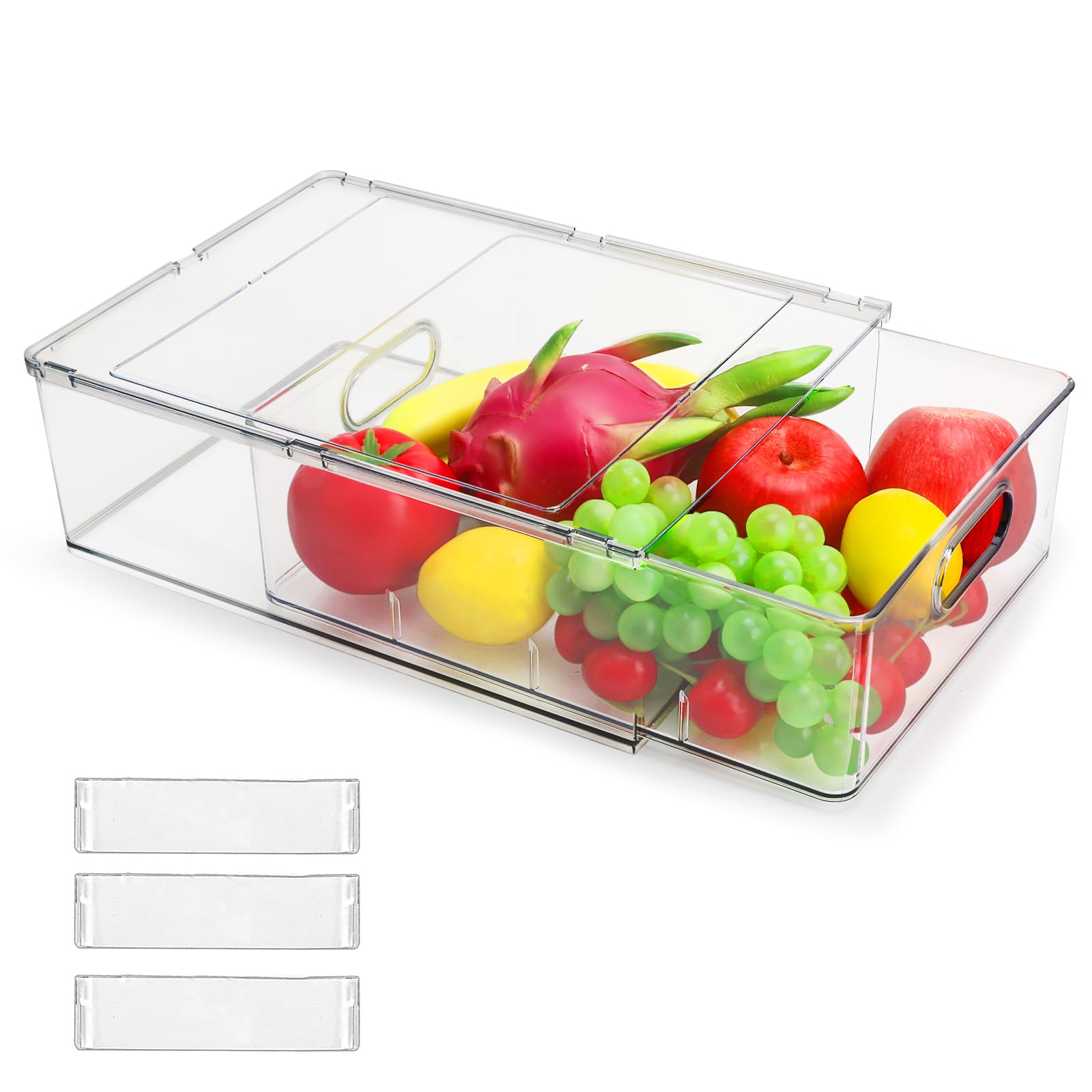 Decorelement Extra Large Refrigerator Organizer Bins with Pull-out Drawer, Stackable Clear Bins with 3 Dividers, Pantry Organization and Food Storage