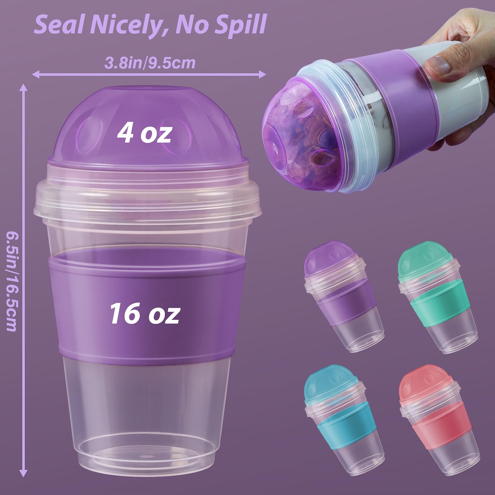 Freshmage 4 Pack 20 oz Yogurt Parfait Cups with Lids, Reusable Overnight Oats Containers with Lids, Folding Spoons and Topping Compartment for Breakfast to Go