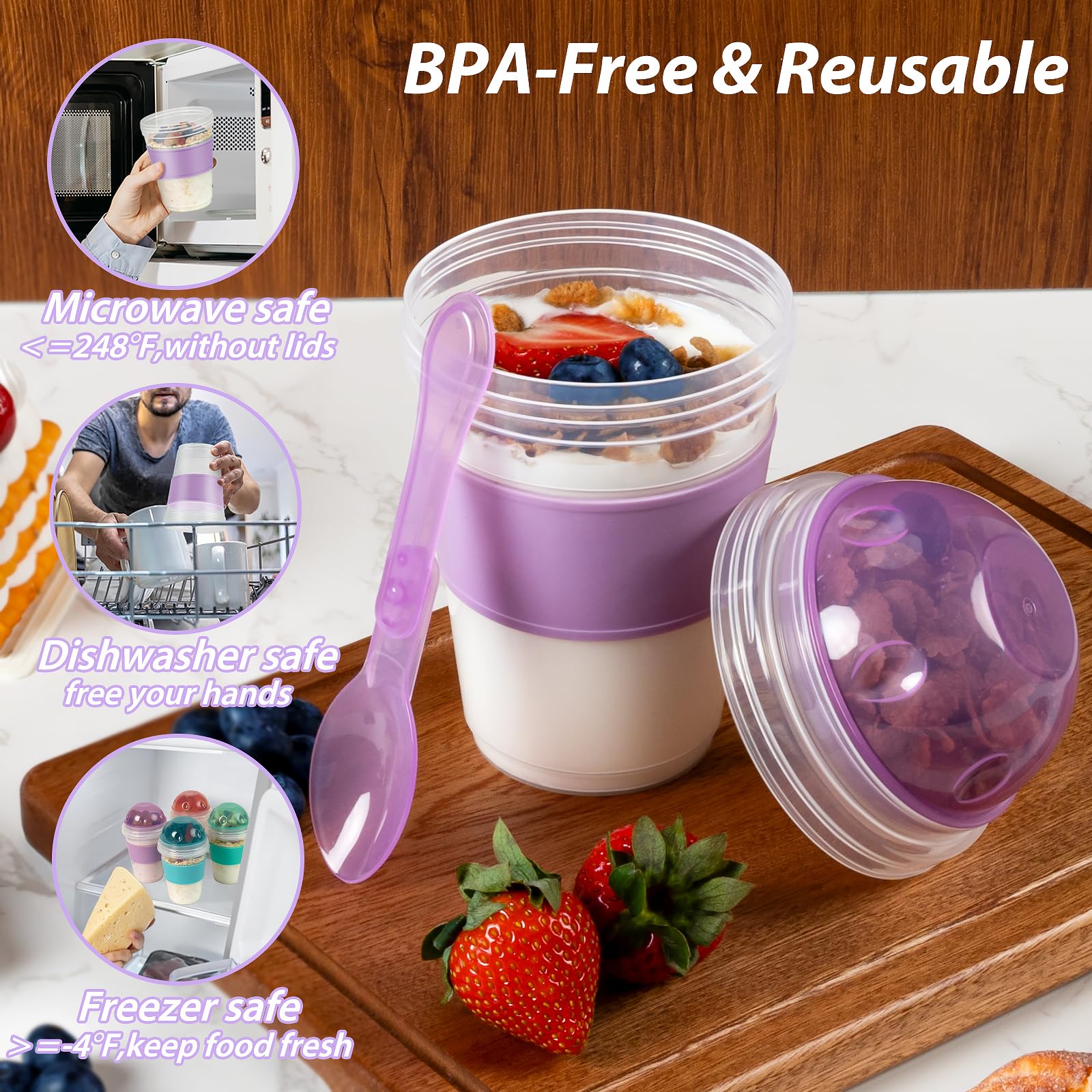 Freshmage 4 Pack 20 oz Yogurt Parfait Cups with Lids, Reusable Overnight Oats Containers with Lids, Folding Spoons and Topping Compartment for Breakfast to Go