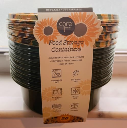 Core Kitchen 20 Piece Food Storage Container Set, 10 Lids and 10 Containers, Special Edition Printed Lids (SUNFLOWERS)