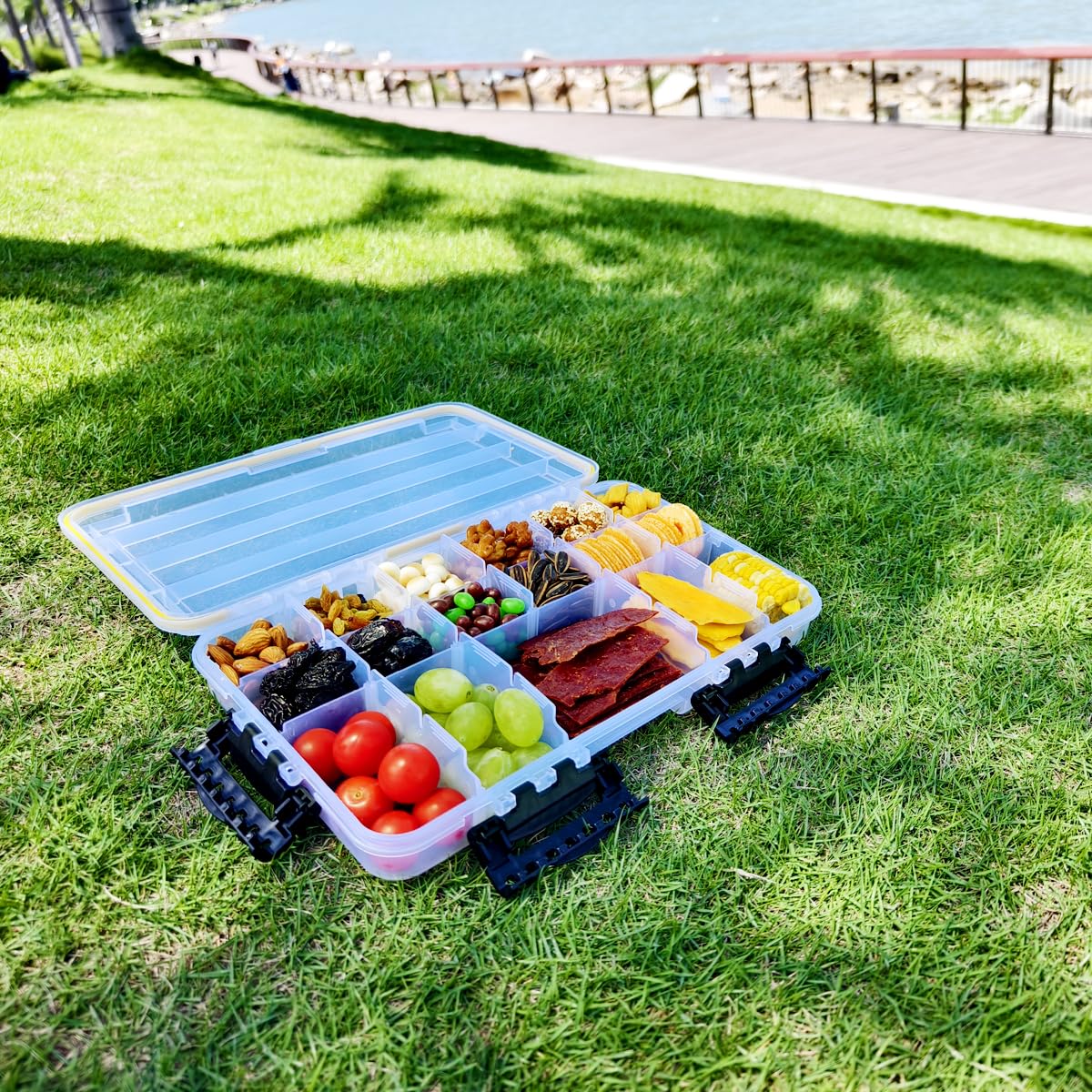 Portable Snackle Box Container - 17 Compartment Adjustable Divided Serving Tray, Snack Box Organizer for Fruits, Candy, Nuts, Snacks, Charcuterie - Ideal for Party, Travel, Beach, Picnics, Camping