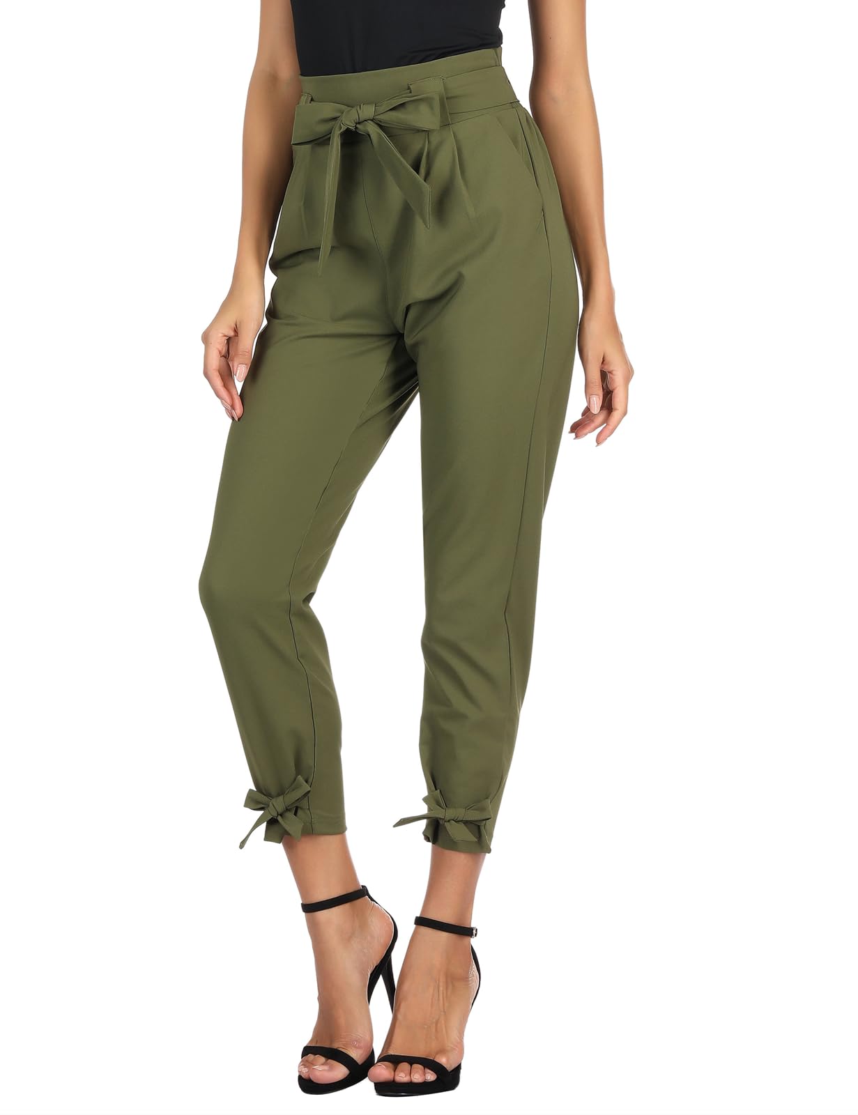 GRACE KARIN Womens Casual High Waist Pencil Pants with Pockets Bow-Knot Cropped Paper Bag Pants for Work Army Green M