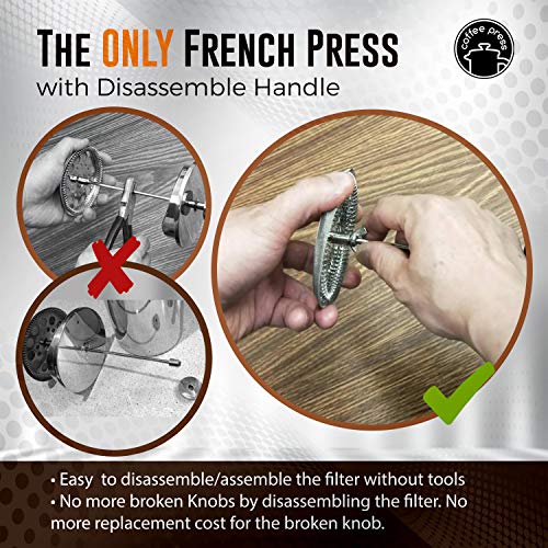 coffee press French Press Coffee Maker with 2 Extra Screens, 34oz, French Press Stainless Steel 304 Grade, Easy Disassemble Design Double Filter, Thick Heat Resistant Glass Pot