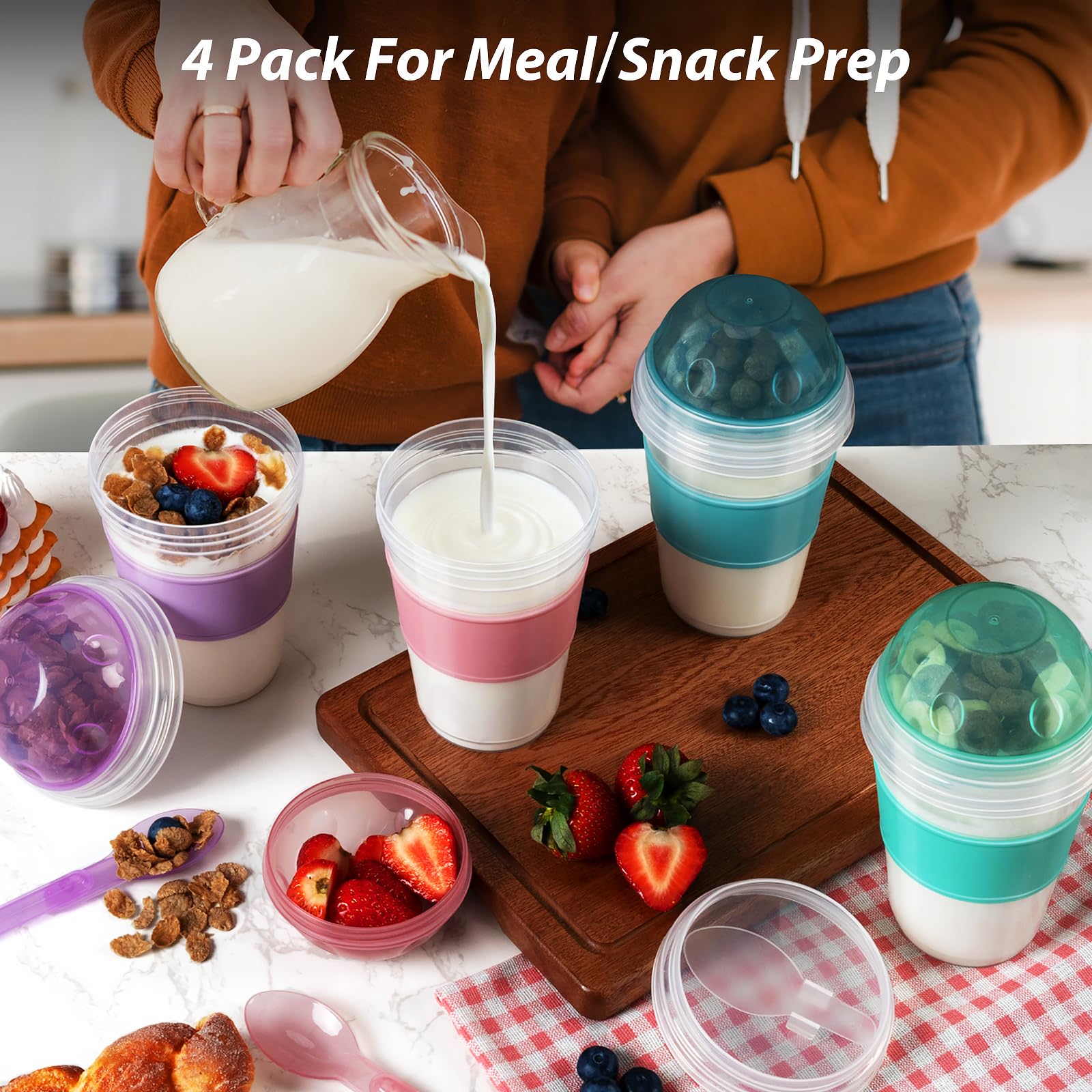 Freshmage 4 Pack 20 oz Yogurt Parfait Cups with Lids, Reusable Overnight Oats Containers with Lids, Folding Spoons and Topping Compartment for Breakfast to Go