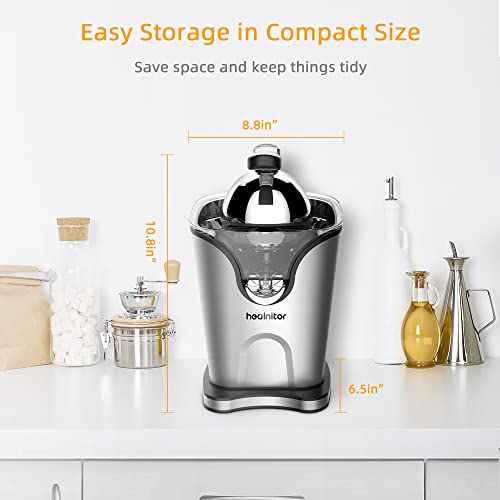 150W Electric Citrus Juicer Squeezer with 2 Cones, Healnitor Stainless Steel Quiet Orange Juice Extractor Machines for Lime Grapefruit Lemon, Detachable Design