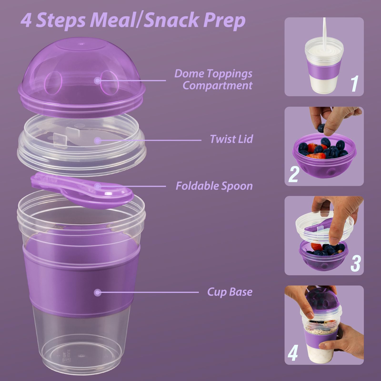 Freshmage 4 Pack 20 oz Yogurt Parfait Cups with Lids, Reusable Overnight Oats Containers with Lids, Folding Spoons and Topping Compartment for Breakfast to Go